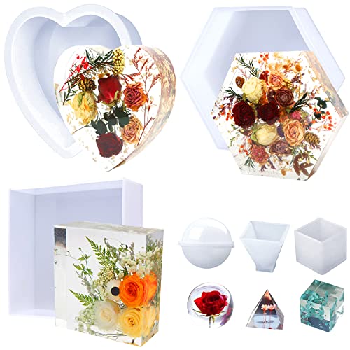 3 PCS Large Resin Molds Silicone Kit, Including Deep Hexagon, Heart, Square Epoxy Resin Casting Mold for Flower Preservation Bookends DIY Art
