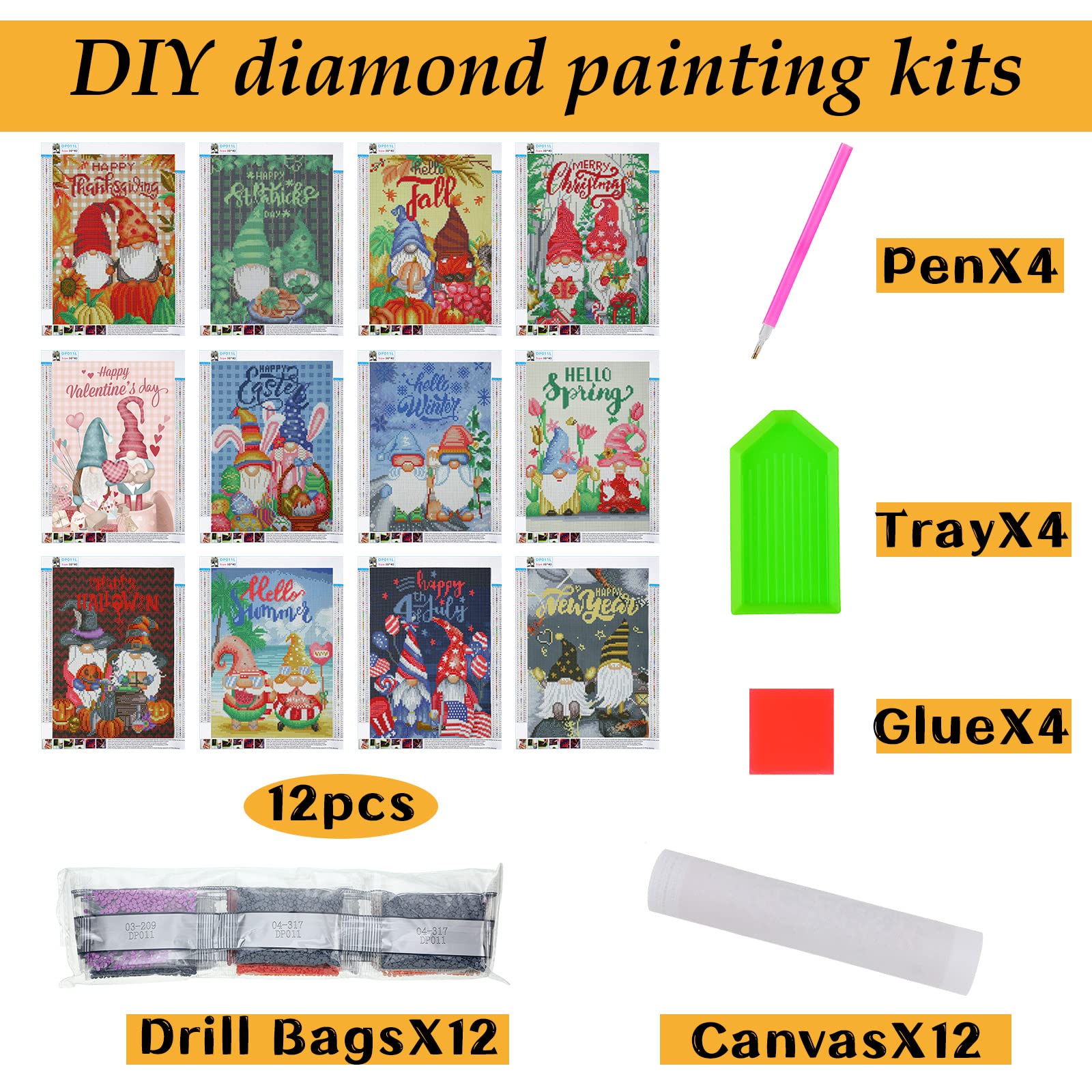 12 Pieces DIY Diamond Art Kits 5D Gnome Diamond Painting Kits for Adults Valentines Day St Patricks Day Paintings for Kid Parents Children Beginners, 12 x 16 Inch