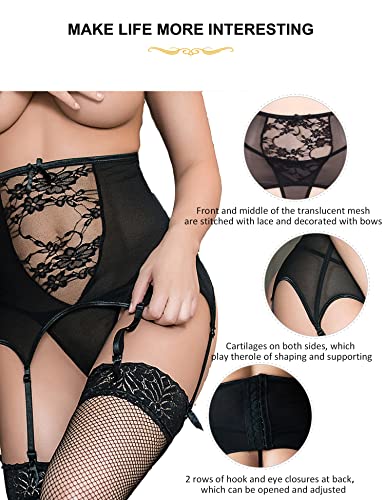 comeondear Women Plus Size Garter Belt High Waisted Lace Suspender Belt with 6 Metal Clips for Thigh High Stockings