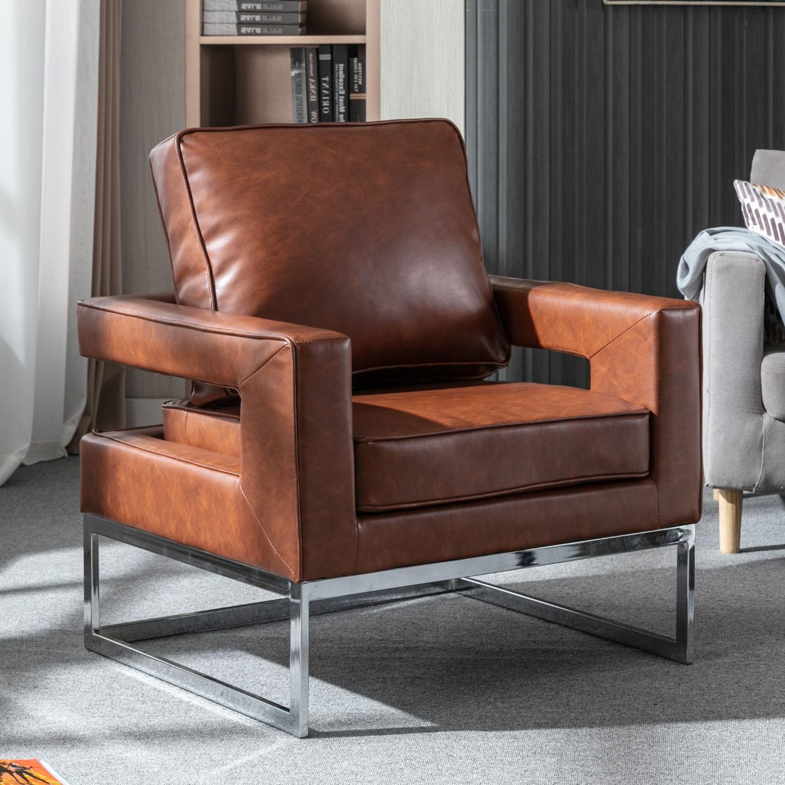 CIMOO Leather Accent Chair with Back for Living Room, Modern Armchair for Bedroom Tufted Single Sofa Chair Upholstered Comfy Reading Chair Extra Wide Arm Chair with Sliver Legs, Brown