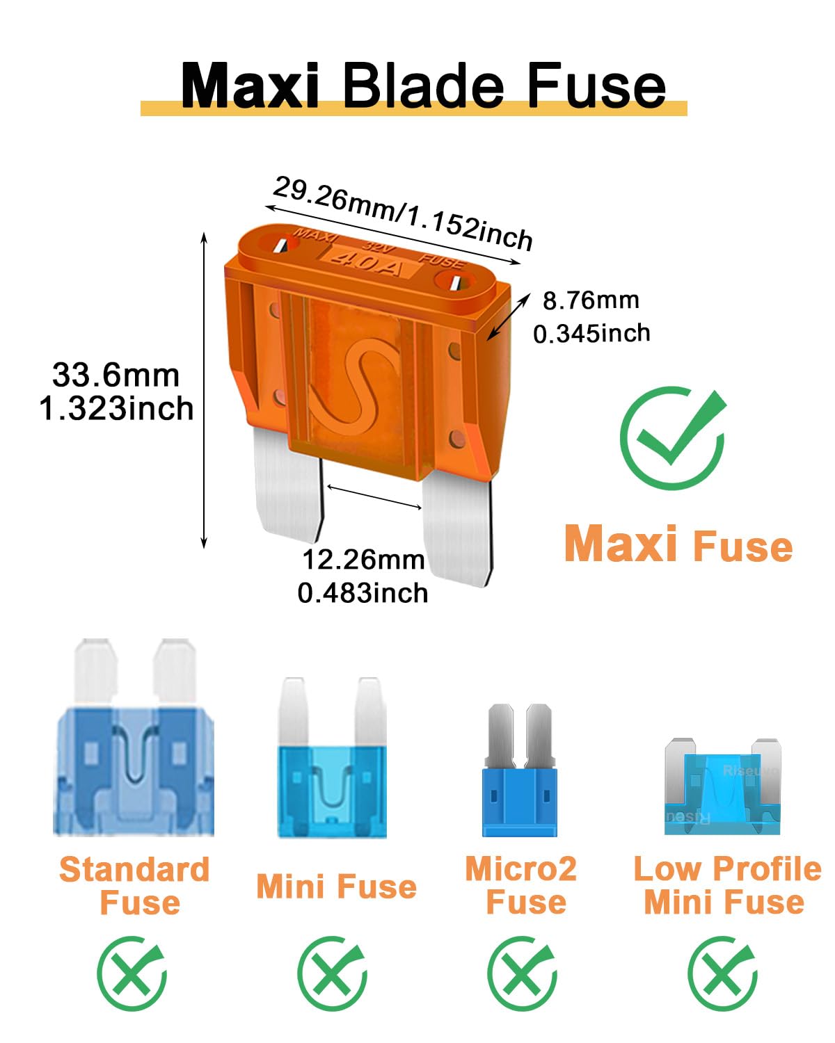 10pcs 40AMP Maxi Fuses - 40A 32V Automotive Blade Fuse for Auto, Car, Rv, Boat, Truck
