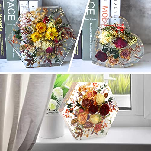 3 PCS Large Resin Molds Silicone Kit, Including Deep Hexagon, Heart, Square Epoxy Resin Casting Mold for Flower Preservation Bookends DIY Art