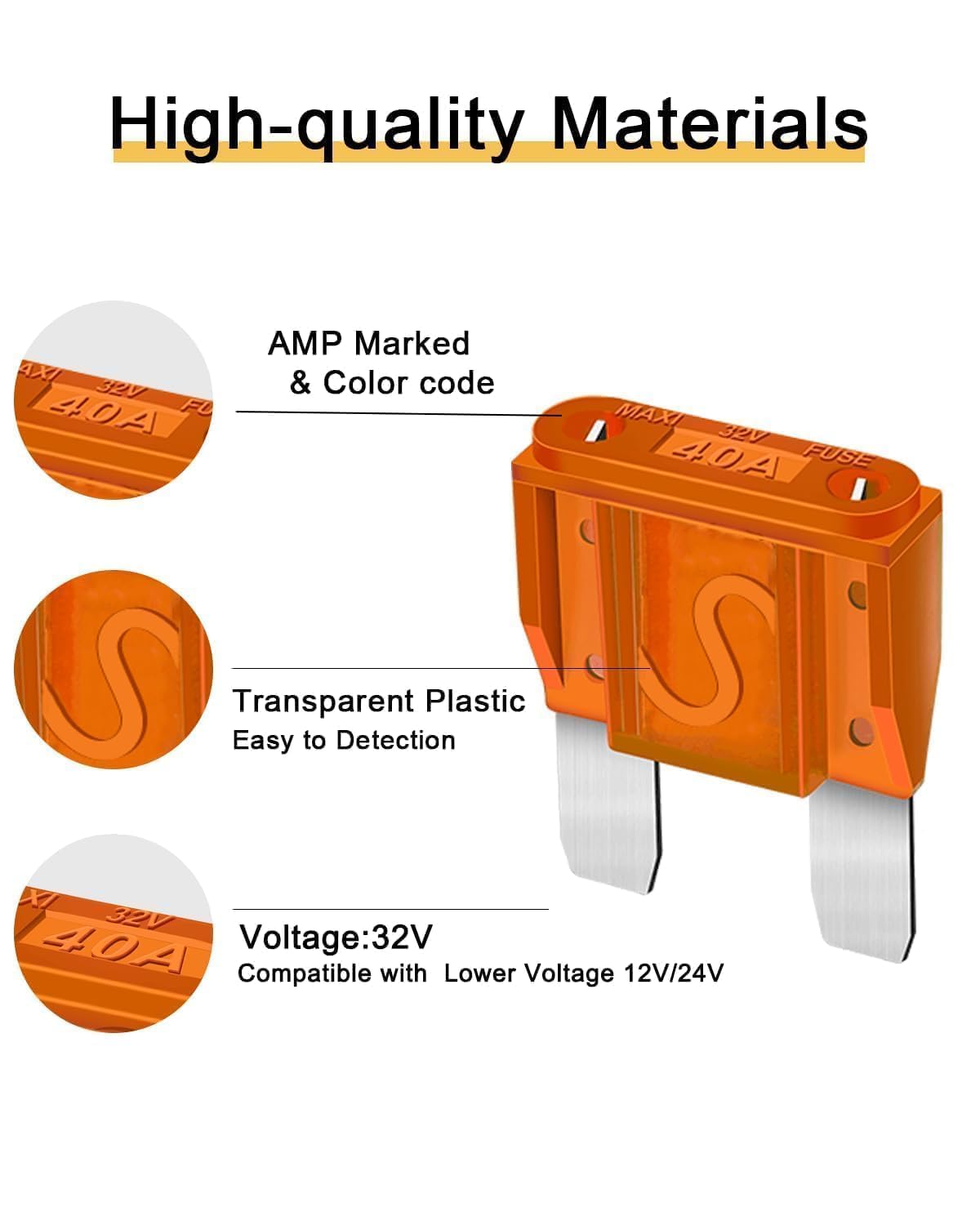 10pcs 40AMP Maxi Fuses - 40A 32V Automotive Blade Fuse for Auto, Car, Rv, Boat, Truck