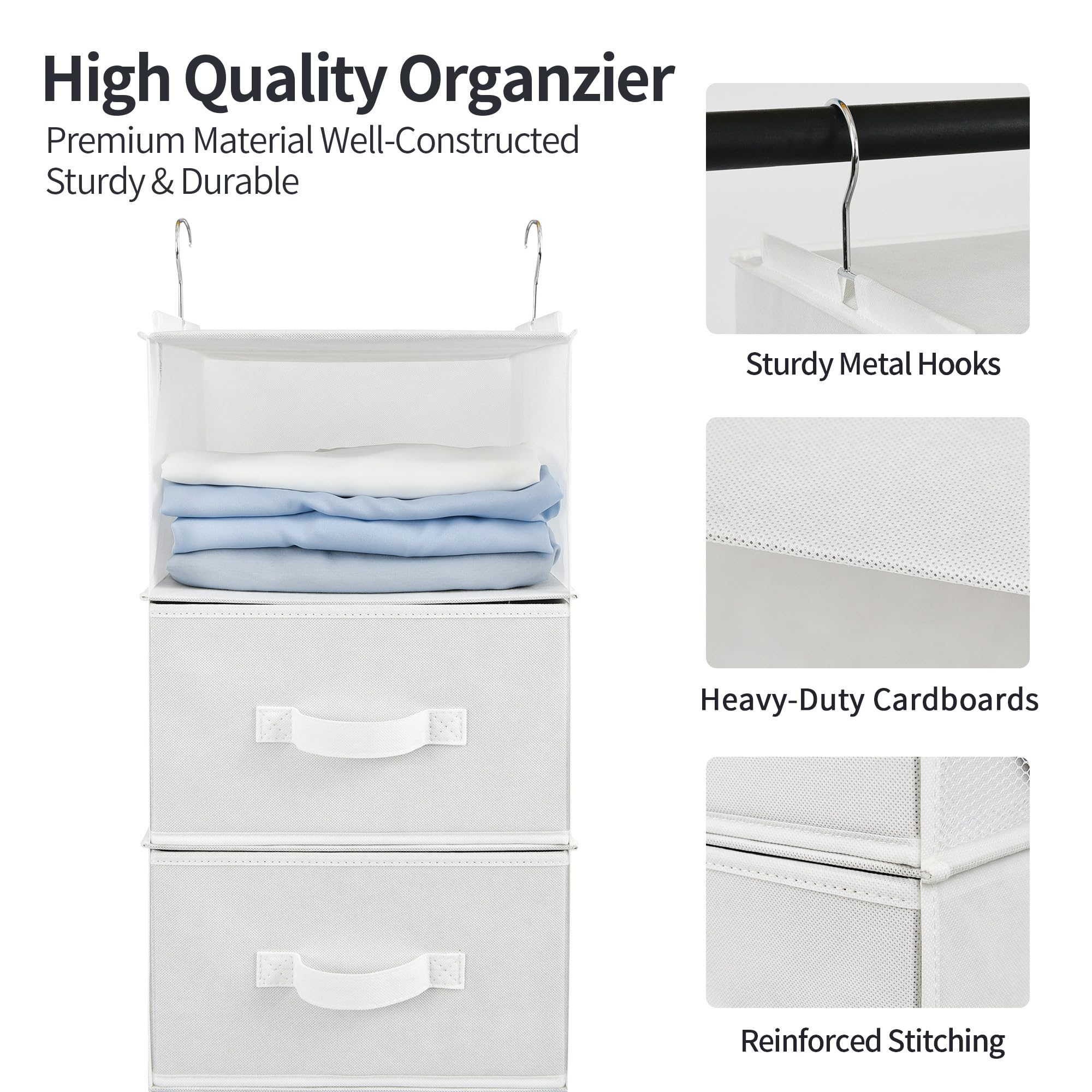 GRANNY SAYS Hanging Closet Organizer and Storage, 6 Shelf Clothes Organization with Drawers, 6 Side Pockets Closet Hanging Shelves for Bras, Socks, Underwear, Nursery Room, Wardrobe, White, 1-Pack