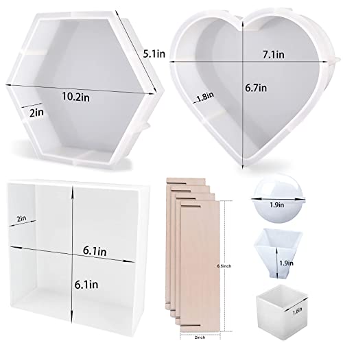 3 PCS Large Resin Molds Silicone Kit, Including Deep Hexagon, Heart, Square Epoxy Resin Casting Mold for Flower Preservation Bookends DIY Art