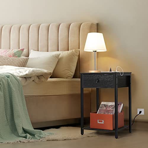 melos Nightstand with Charging Station and USB Ports, Bed Side Table/Night Stand with Drawer and Storage Shelf, 2 Tier End Table for Small Spaces, Side Tables for Bedroom, Living Room, Black