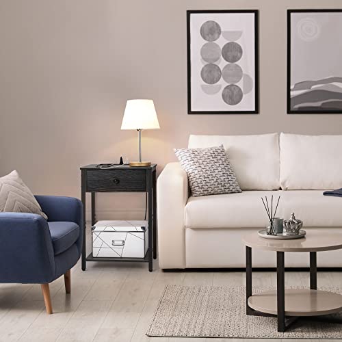 melos Nightstand with Charging Station and USB Ports, Bed Side Table/Night Stand with Drawer and Storage Shelf, 2 Tier End Table for Small Spaces, Side Tables for Bedroom, Living Room, Black