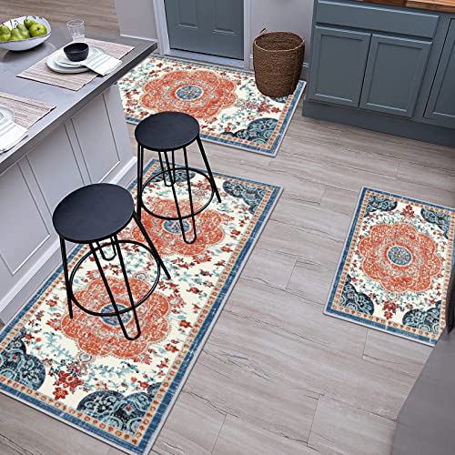 Ileading Boho Kitchen Rugs Sets 3 Piece with Runner Non Slip Kitchen Mats for Floor Washable Bohemian Runner Rug Kitchen Floor Mat Carpet for Hallway Laundry Room Door Office Sink