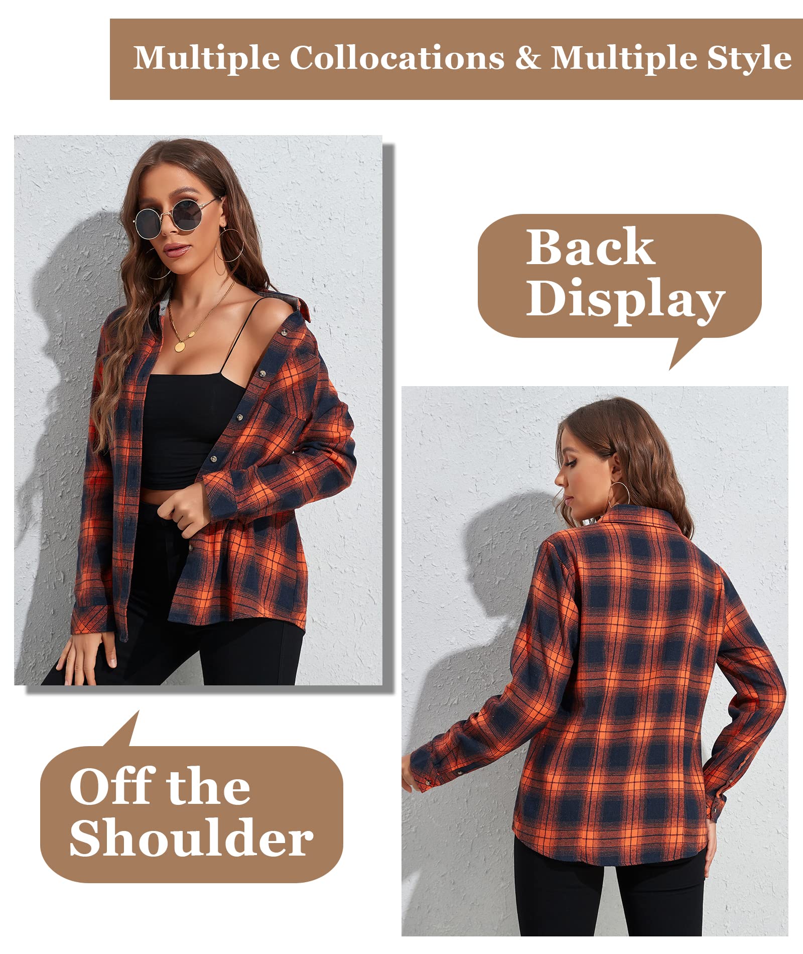 Deer Lady Plaid Flannel Shirts for Women Buffalo Plaid Shirts Oversized Long Sleeve Casual Button Down Blouse Top Orange 3X