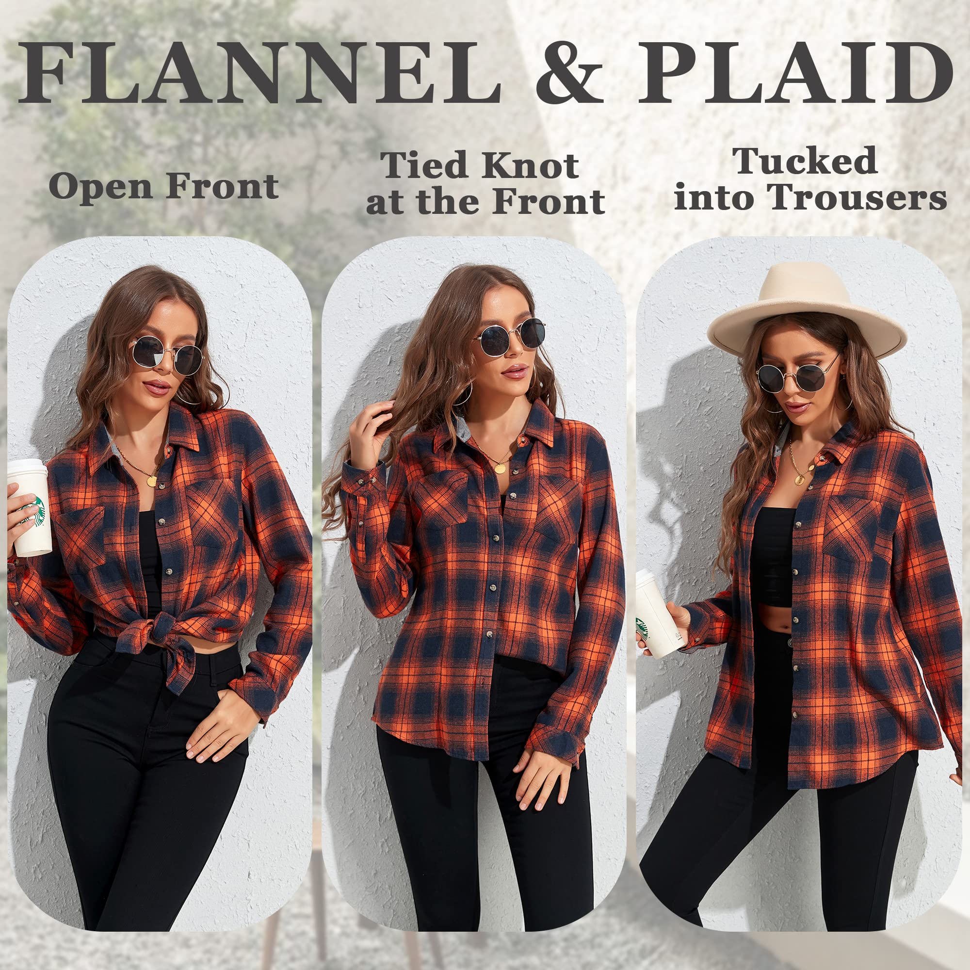 Deer Lady Plaid Flannel Shirts for Women Buffalo Plaid Shirts Oversized Long Sleeve Casual Button Down Blouse Top Orange 3X