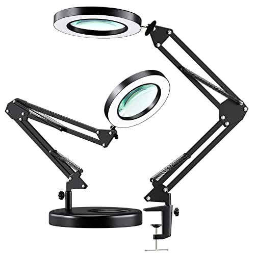 【Upgraded】 5X LED Magnifying Lamp, HITTI 1,800 Lumens Stepless Dimmable, 3 Color Modes, 8-Diopter 4.2″ Real Glass Lens Magnifier Desk lamp, Magnifying Light and Stand for Crafts, Reading, Close Work