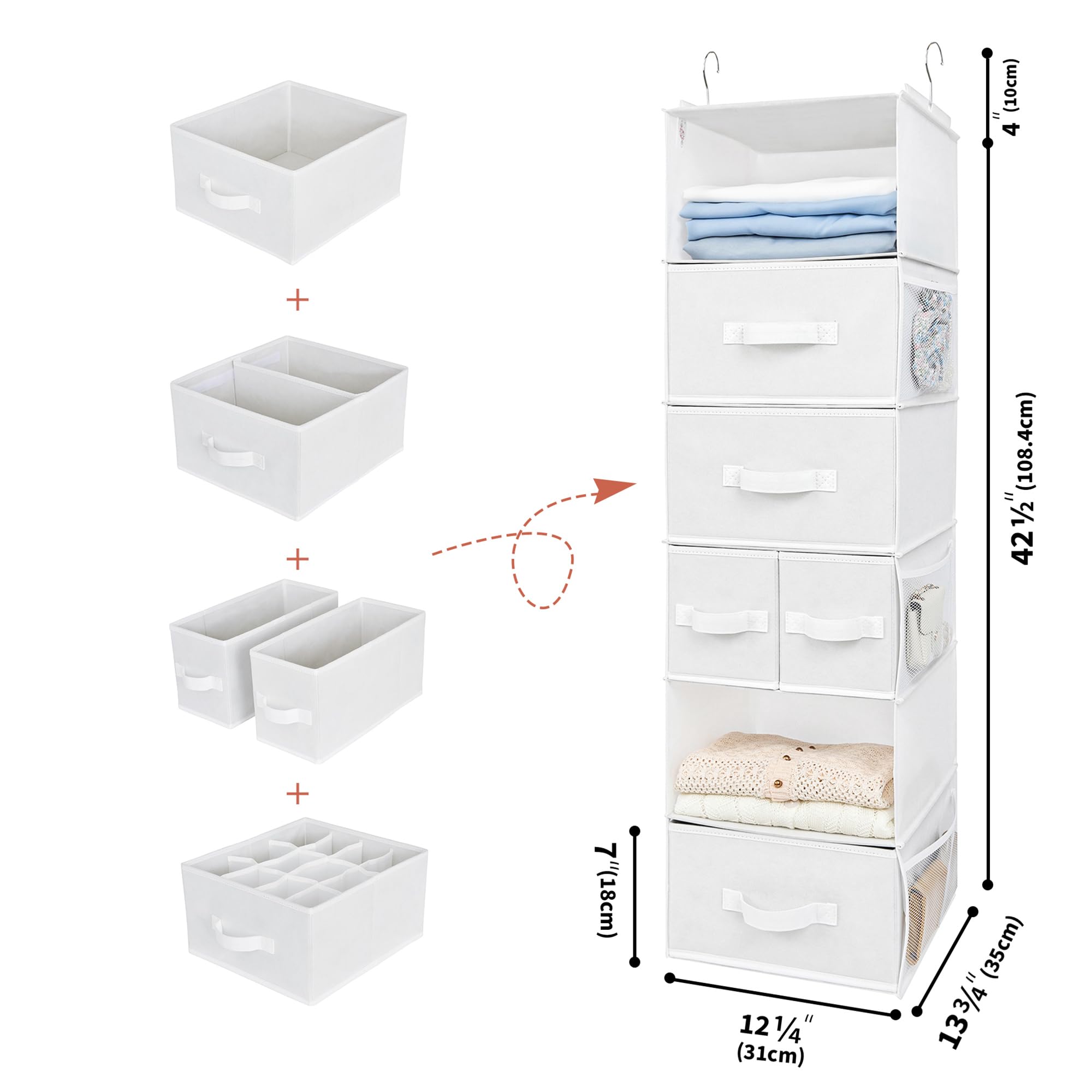 GRANNY SAYS Hanging Closet Organizer and Storage, 6 Shelf Clothes Organization with Drawers, 6 Side Pockets Closet Hanging Shelves for Bras, Socks, Underwear, Nursery Room, Wardrobe, White, 1-Pack
