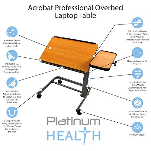 Acrobat Professional Overbed/Laptop Table, Tilting, Height Adjustable with Casters. Split Top for Maximum Vesatility. Folds for Easy Storage. (White Birch)
