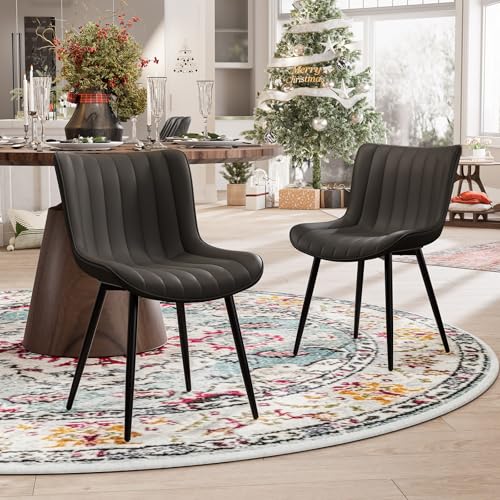 YOUNUOKE Black Dining Chairs Set of 2, Faux Leather Upholstered Kitchen & Dining Room Chairs with Back, Mid Century Modern Minimalist Accent Chair Armless for Guest Reception Waiting Living Room