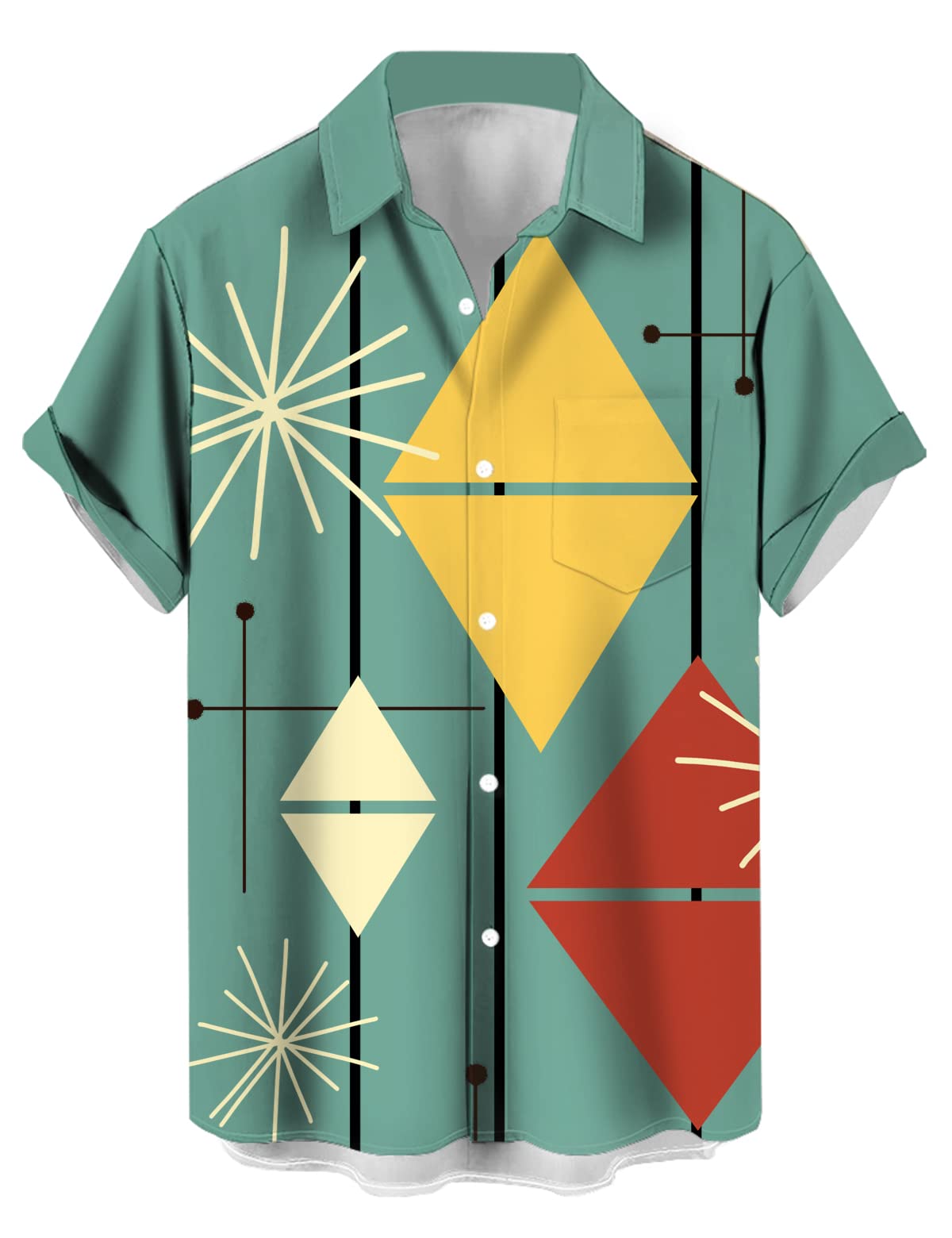 QIVICIMA Men's Retro Bowling Shirts 50s Rockabilly Style Button Down Shirts Cuban Style Camp Shirt A7-Retro2 XL