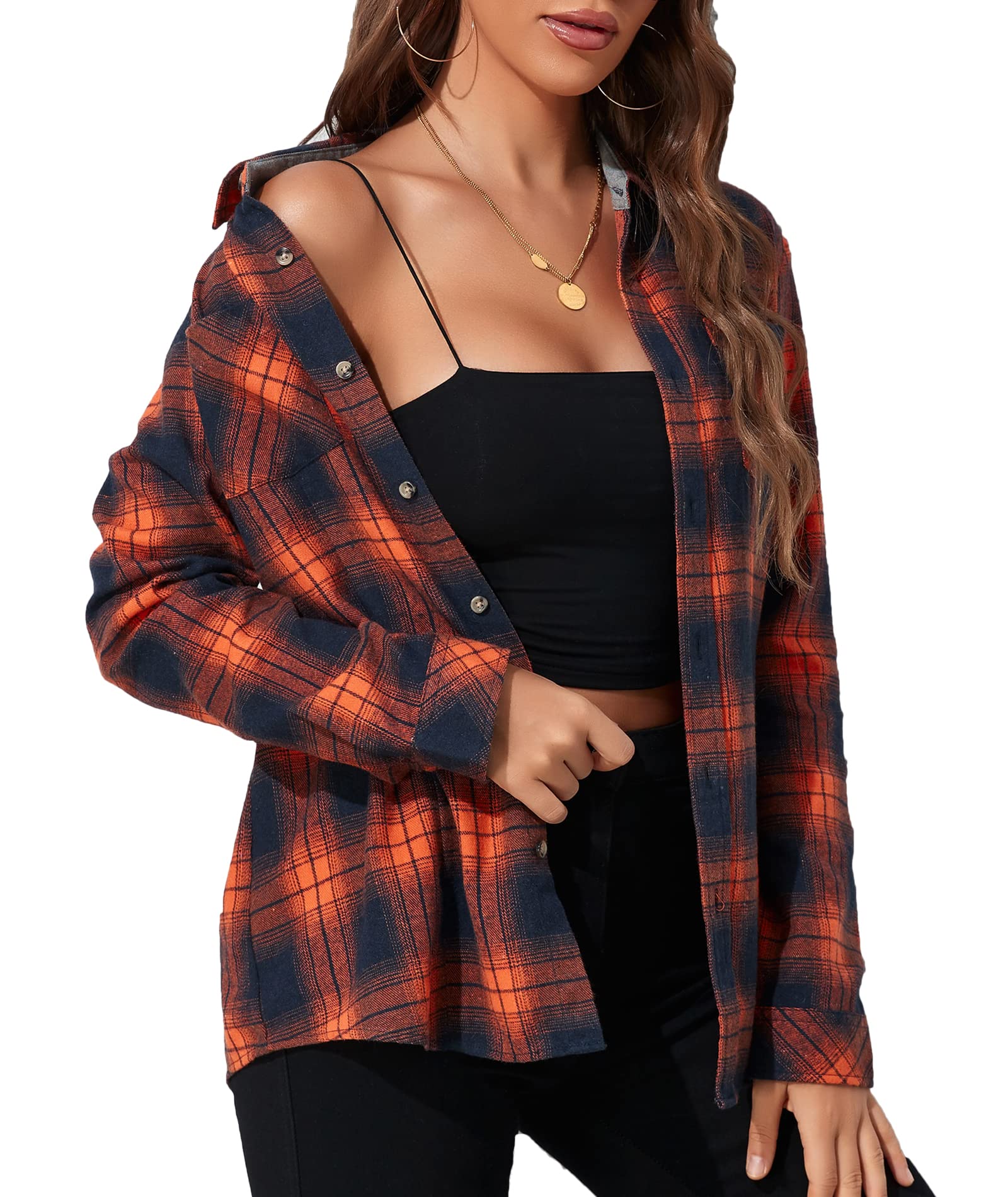 Deer Lady Plaid Flannel Shirts for Women Buffalo Plaid Shirts Oversized Long Sleeve Casual Button Down Blouse Top Orange 3X