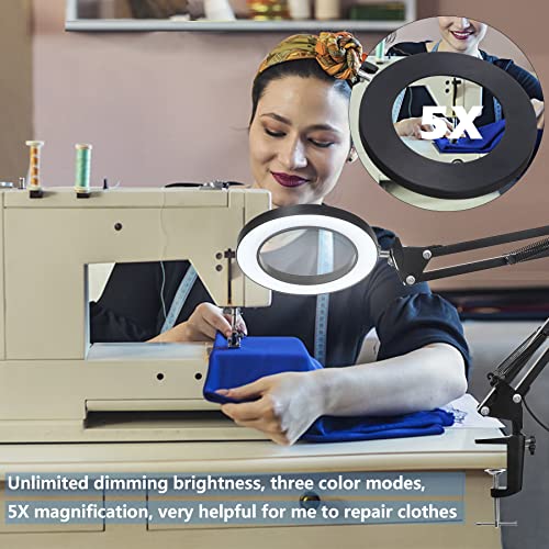 【Upgraded】 5X LED Magnifying Lamp, HITTI 1,800 Lumens Stepless Dimmable, 3 Color Modes, 8-Diopter 4.2″ Real Glass Lens Magnifier Desk lamp, Magnifying Light and Stand for Crafts, Reading, Close Work