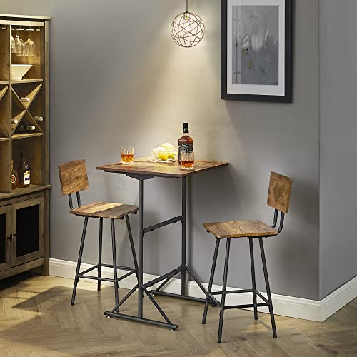 VECELO 3-Piece Bar Table Chairs, Square Counter Height Bistro Dinette Sets with 2 Barstools for Kitchen, Breakfast Nook, Small Spaces, Rustic Brown
