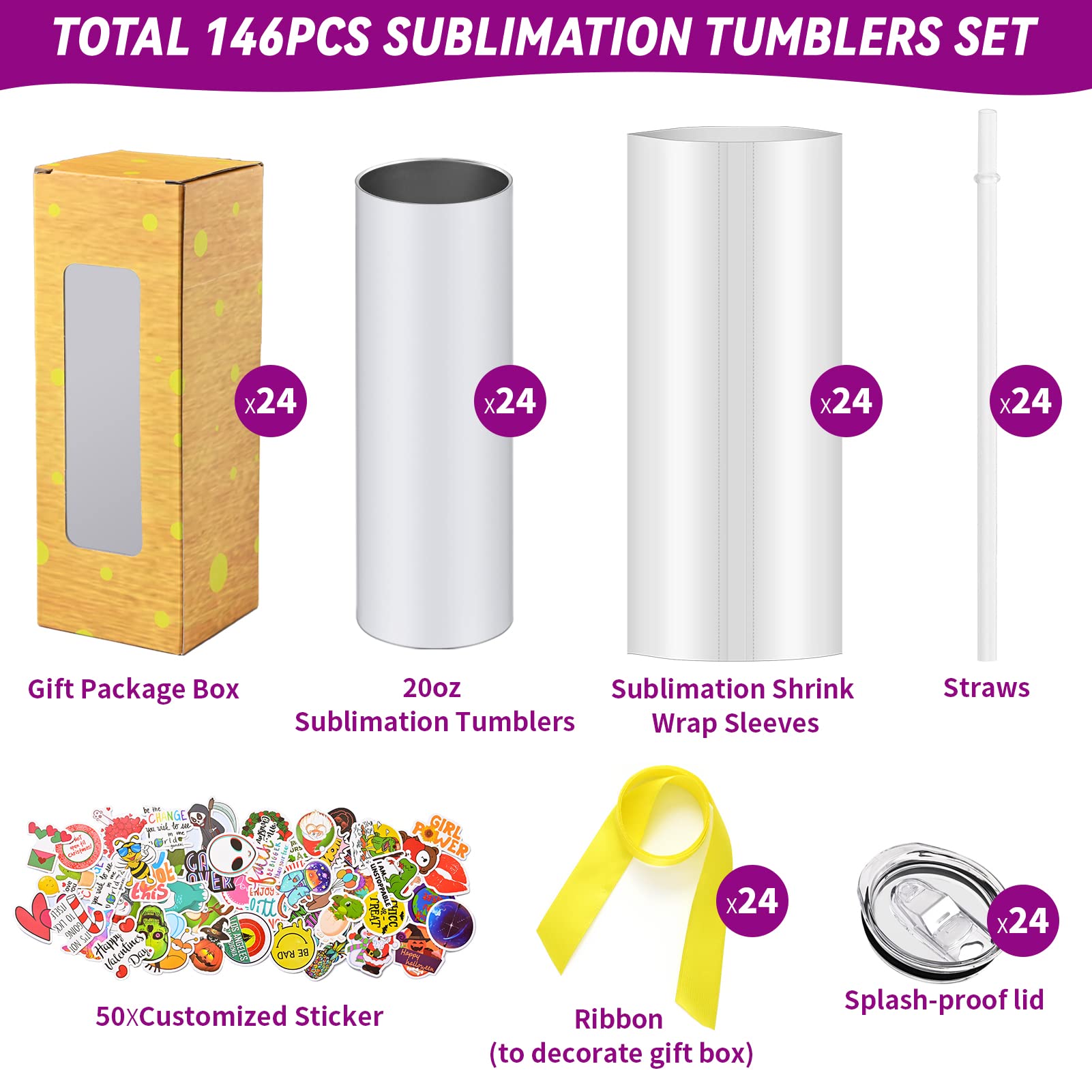 OLSUNOR 24 Pack Stainless Steel 20 oz Sublimation Tumblers Set, Skinny Straight, Lids, Straws, Sublimation Shrink Wrap, DIY Stickers, Individually Gift Boxed