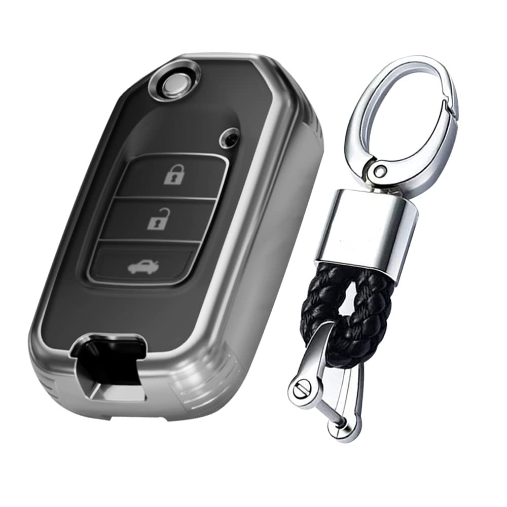 SANRILY Soft Transparent Frosted Flip Key Fob Cover for Honda Odyssey Civic Fit CR-V XR-V BR-V Jade Accord Vezel Pilot Crider Keyless Key Case with Keychain Black