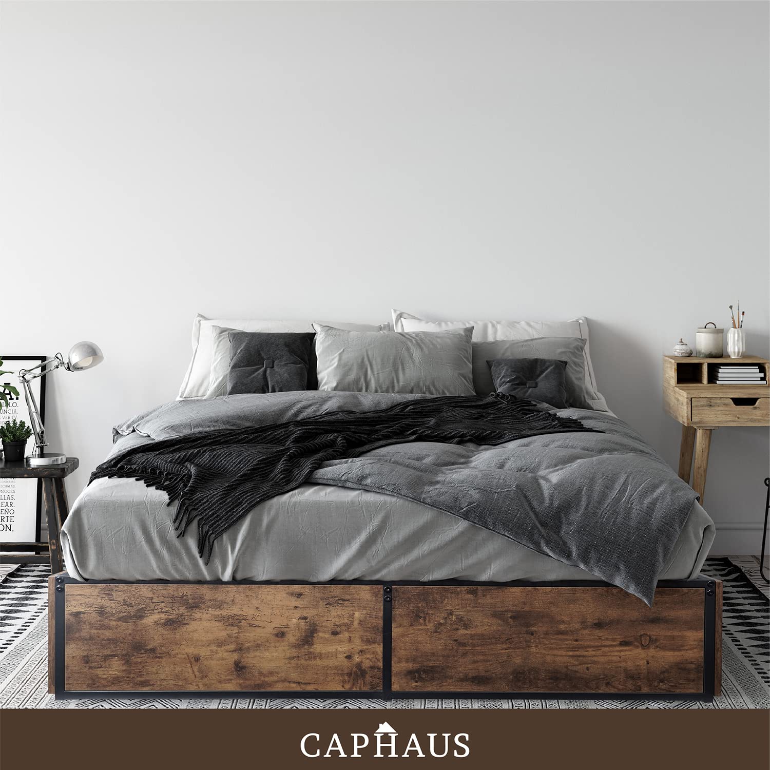 CAPHAUS Industrial Metal Storage Bed Frame with 4 Drawers, Mattress Foundation with Metal Slat Support, Space Saving Platform Bed Frame, Noise-Free, No Box Spring Needed, Queen Size, Rustic Oak Board