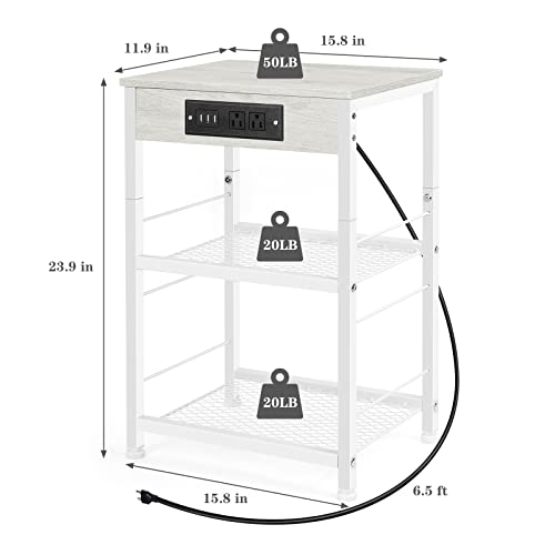White Nightstand with Charging Station 3 Tier Small End Table with Storage Shelf Modern Farmhouse Bed Side Table with USB Ports and Outlets for Small Space Living Room Bedroom