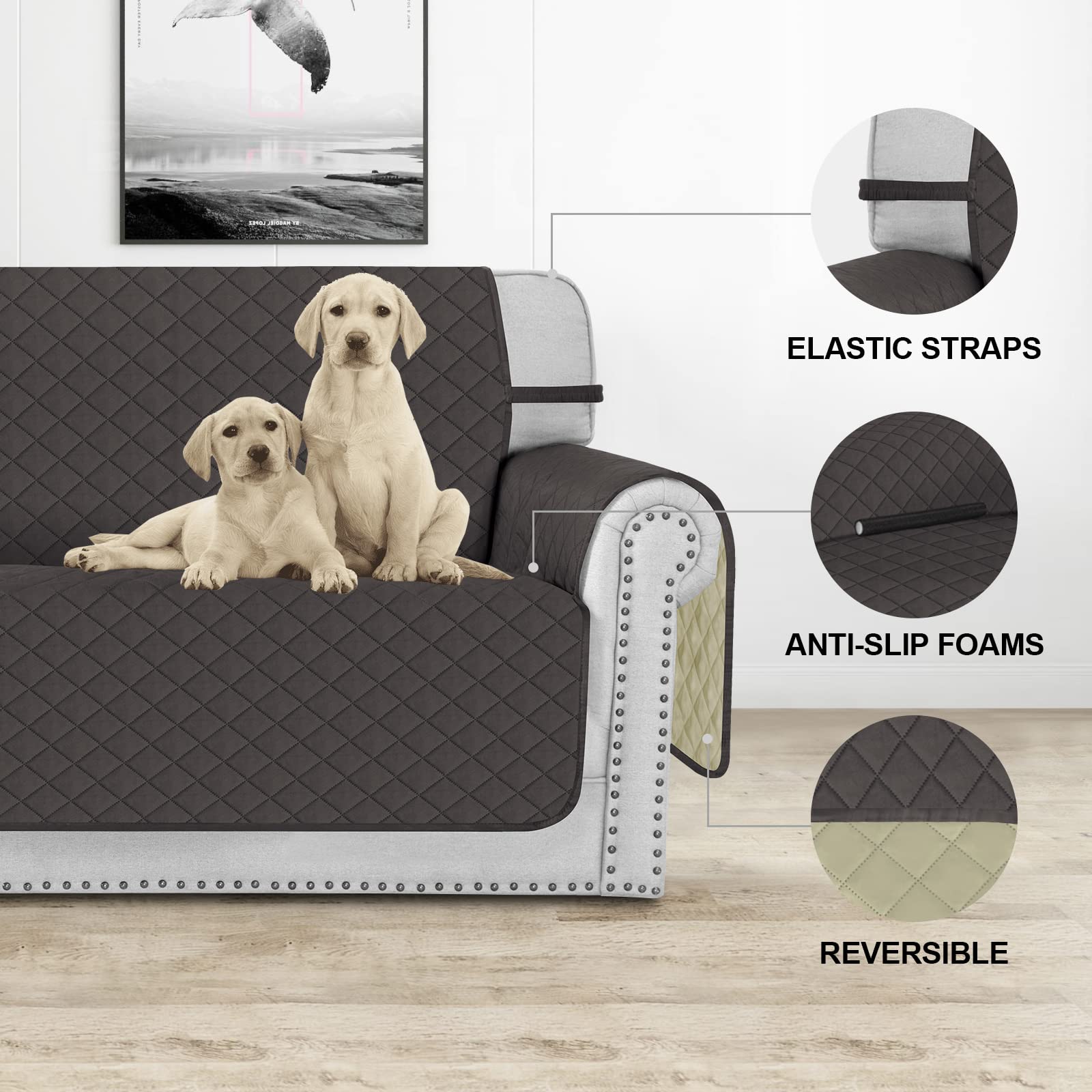 Deeky Couch/Sofa Cover for 3 Cushion, Furniture Cover Protector for Pets, Dog - Reversible and Water Resistant with Foam Sticks & Elastic Straps, Chocolate/Beige