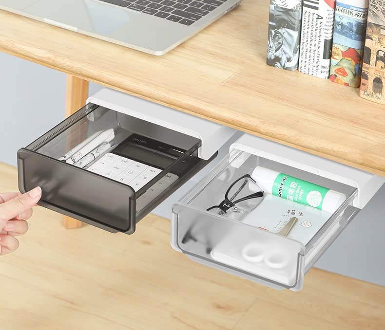ELJIF Under Desk Drawer, Office Organizer, Storage Cabinet, Self-adhesive Organizer Box, Slide-out Cabinet, Desk Caddy Single Medium (White)