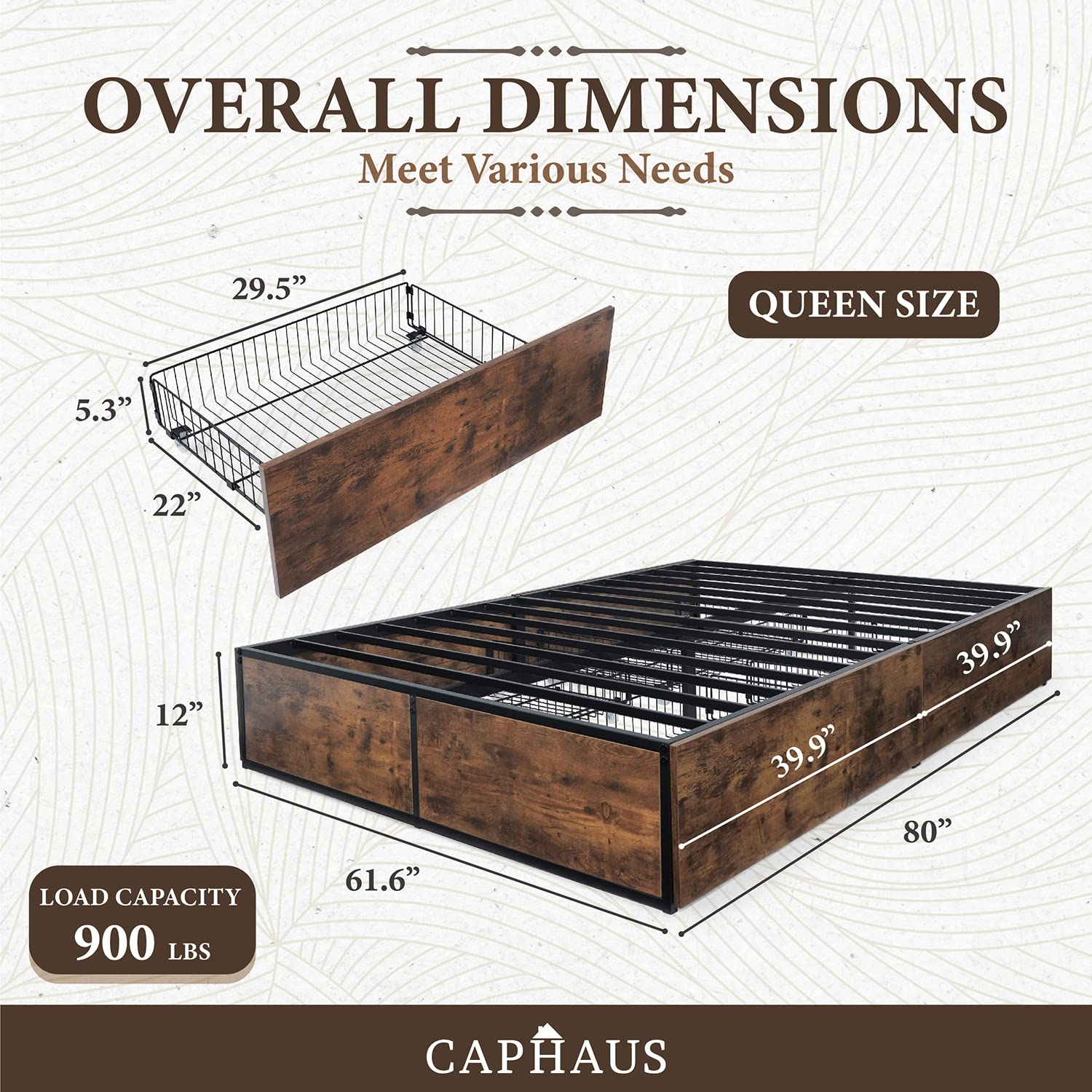 CAPHAUS Industrial Metal Storage Bed Frame with 4 Drawers, Mattress Foundation with Metal Slat Support, Space Saving Platform Bed Frame, Noise-Free, No Box Spring Needed, Queen Size, Rustic Oak Board