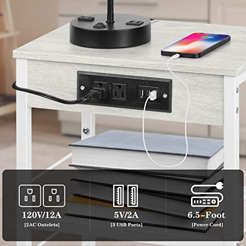 White Nightstand with Charging Station 3 Tier Small End Table with Storage Shelf Modern Farmhouse Bed Side Table with USB Ports and Outlets for Small Space Living Room Bedroom