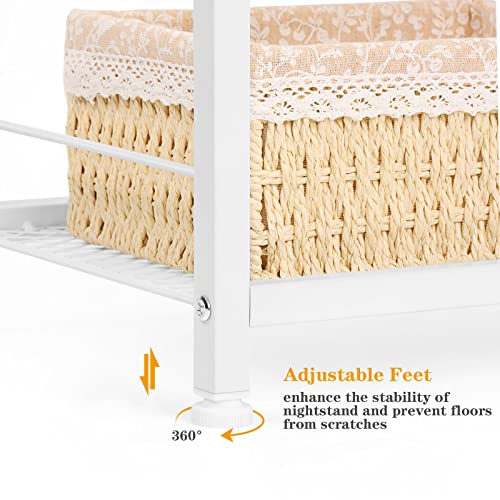 White Nightstand with Charging Station 3 Tier Small End Table with Storage Shelf Modern Farmhouse Bed Side Table with USB Ports and Outlets for Small Space Living Room Bedroom