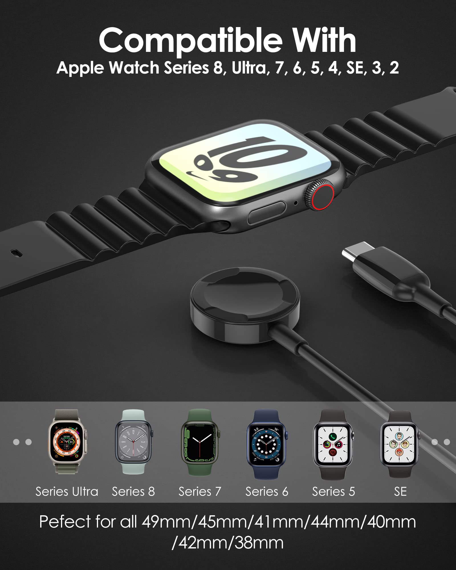 2-Pack Watch Charger Compatible with Apple Watch Charger, USB-C Portable Fast Magnetic Wireless Charging Cable Compatible for iWatch Series Ultra 8 7 6 5 4 3 2 1 SE SE2,Black