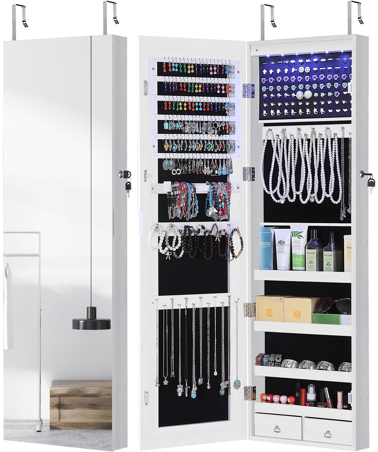 GISSAR Full Length Mirror Jewelry Cabinet, 6 LEDs Jewelry Armoire Wall Mounted Over The Door Hanging, Jewelry Organizer Storage with Lights Lockable, Bright White, 14.6" x 47.2"