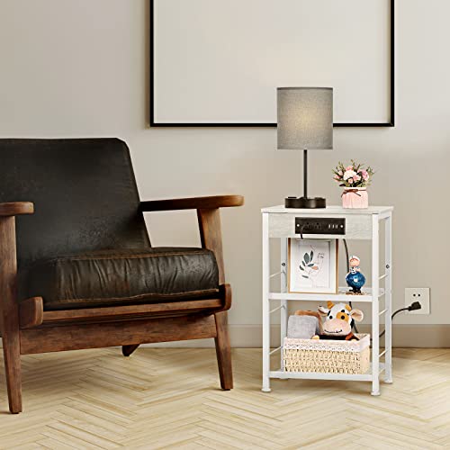 White Nightstand with Charging Station 3 Tier Small End Table with Storage Shelf Modern Farmhouse Bed Side Table with USB Ports and Outlets for Small Space Living Room Bedroom