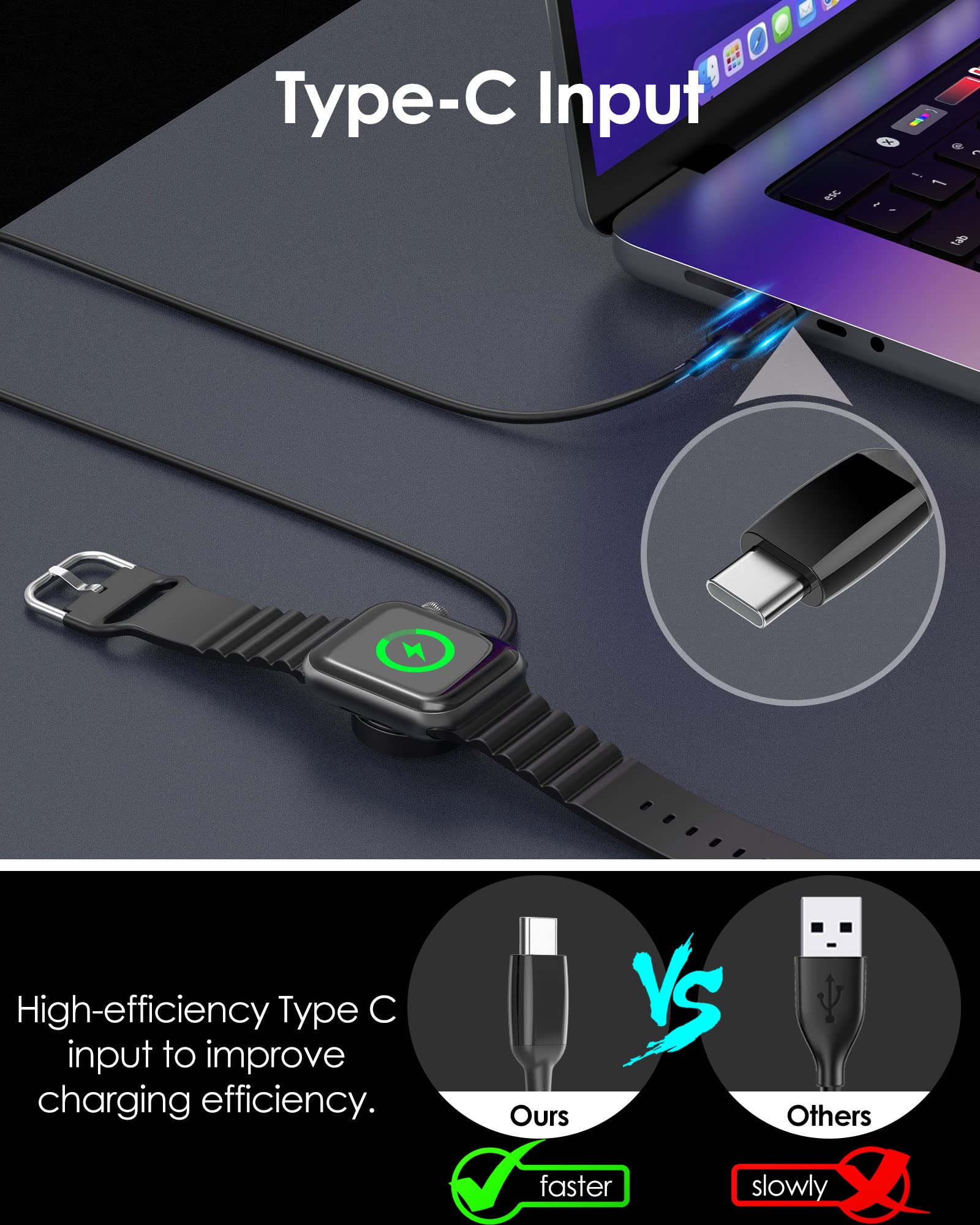 2-Pack Watch Charger Compatible with Apple Watch Charger, USB-C Portable Fast Magnetic Wireless Charging Cable Compatible for iWatch Series Ultra 8 7 6 5 4 3 2 1 SE SE2,Black