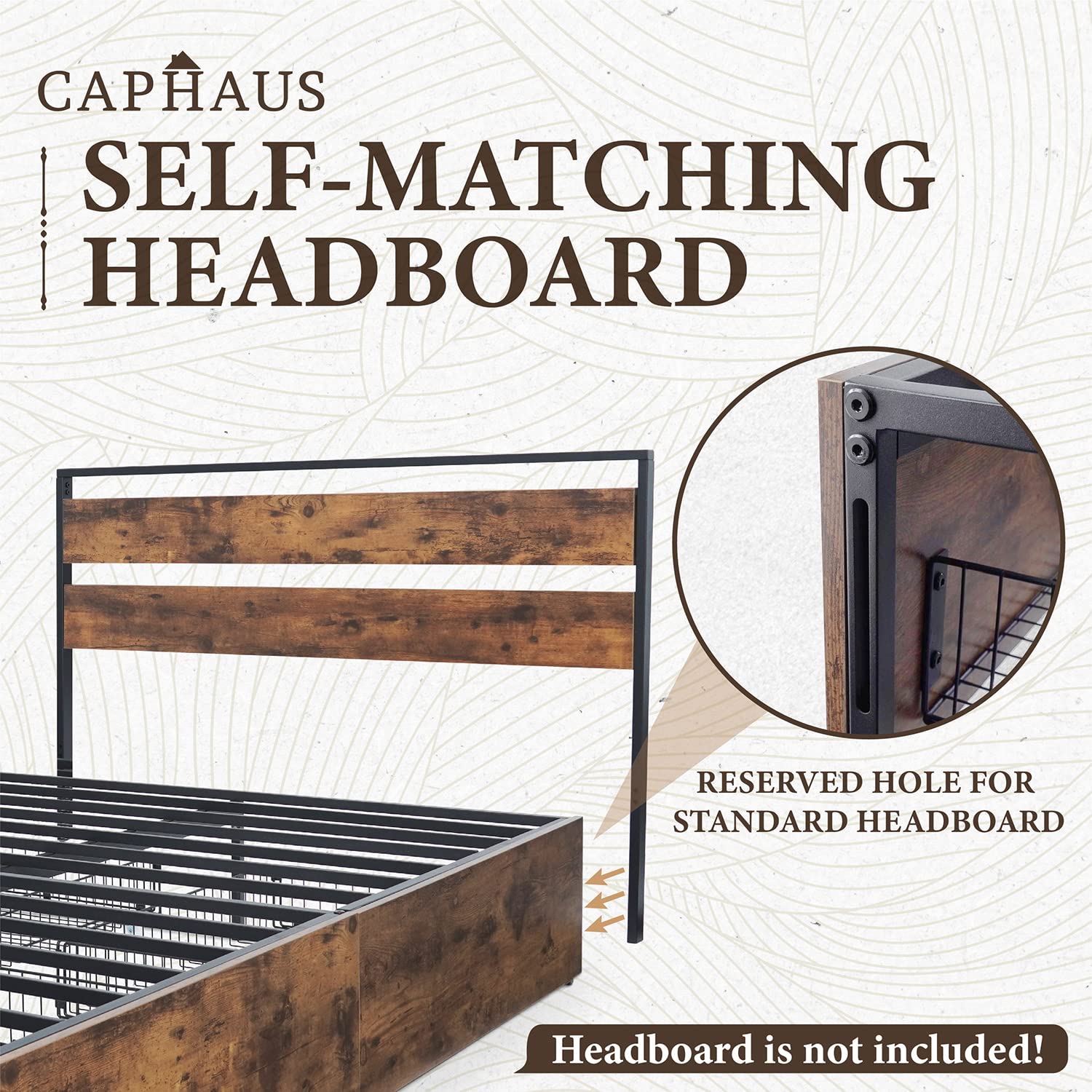 CAPHAUS Industrial Metal Storage Bed Frame with 4 Drawers, Mattress Foundation with Metal Slat Support, Space Saving Platform Bed Frame, Noise-Free, No Box Spring Needed, Queen Size, Rustic Oak Board