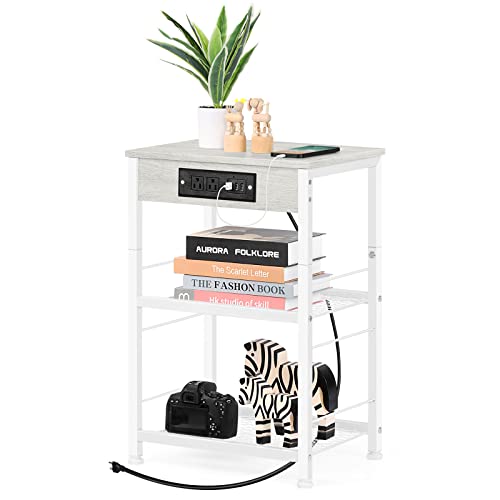 White Nightstand with Charging Station 3 Tier Small End Table with Storage Shelf Modern Farmhouse Bed Side Table with USB Ports and Outlets for Small Space Living Room Bedroom