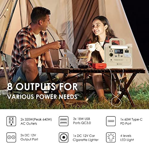 RAINBOW Portable Power Station 320W, 298Wh Backup LiFePO4 Battery, 2 x 110V/320W(Peak 640W) AC Outlets, Solar Generator for Outdoor Camping, Quick Charge for Home, Hiking