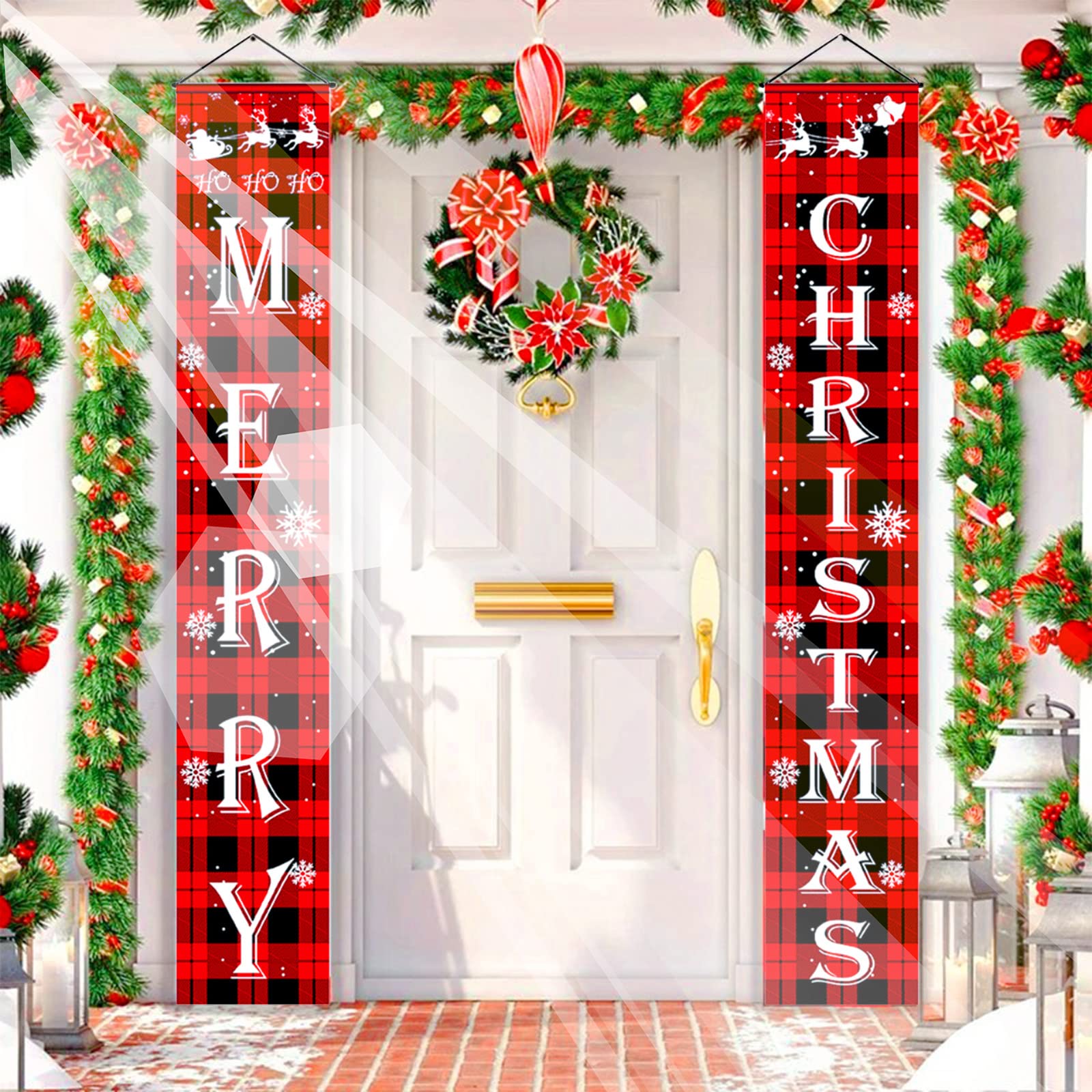 Merry Christmas Door Banners Front Porch Sign, Christmas Decorations Set Outdoor Yard, Red and Black Buffalo Plaid Hanging Xmas Decor for Home Outside Indoor Inside Wall Garage Holiday Party Supplies