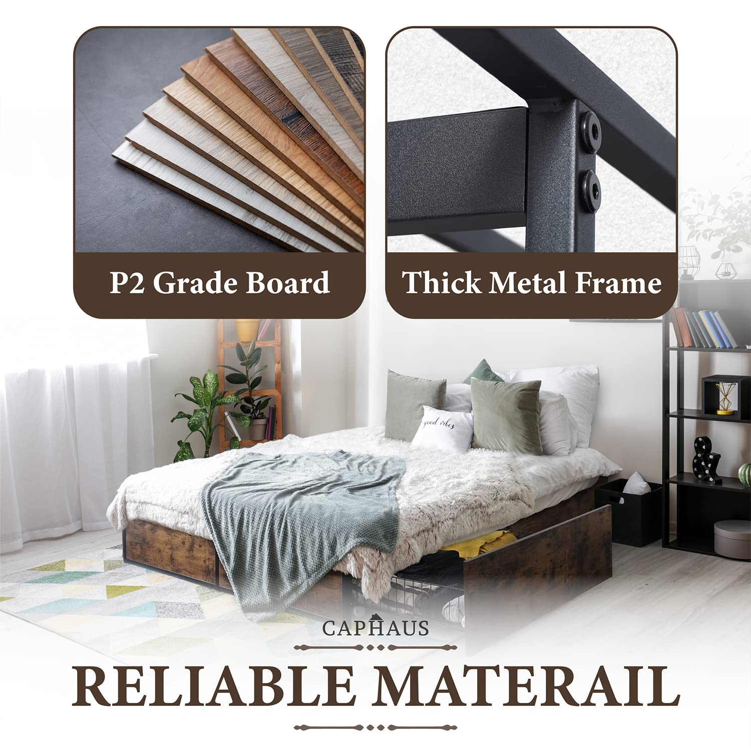 CAPHAUS Industrial Metal Storage Bed Frame with 4 Drawers, Mattress Foundation with Metal Slat Support, Space Saving Platform Bed Frame, Noise-Free, No Box Spring Needed, Queen Size, Rustic Oak Board