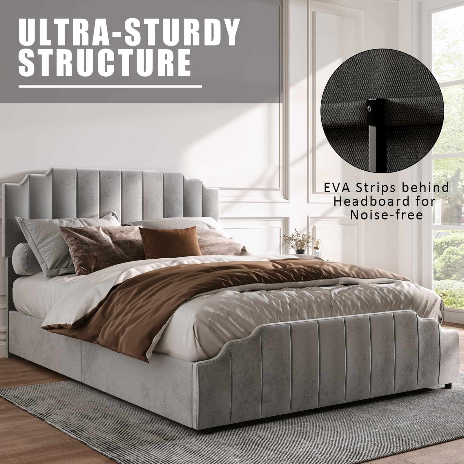 PaPaJet Queen Bed Frame with Storage Upholstered Platform Bed with 4 Drawers and Adjustable Headboard, Wooden Slats Support, No Box Spring Needed, Light Grey