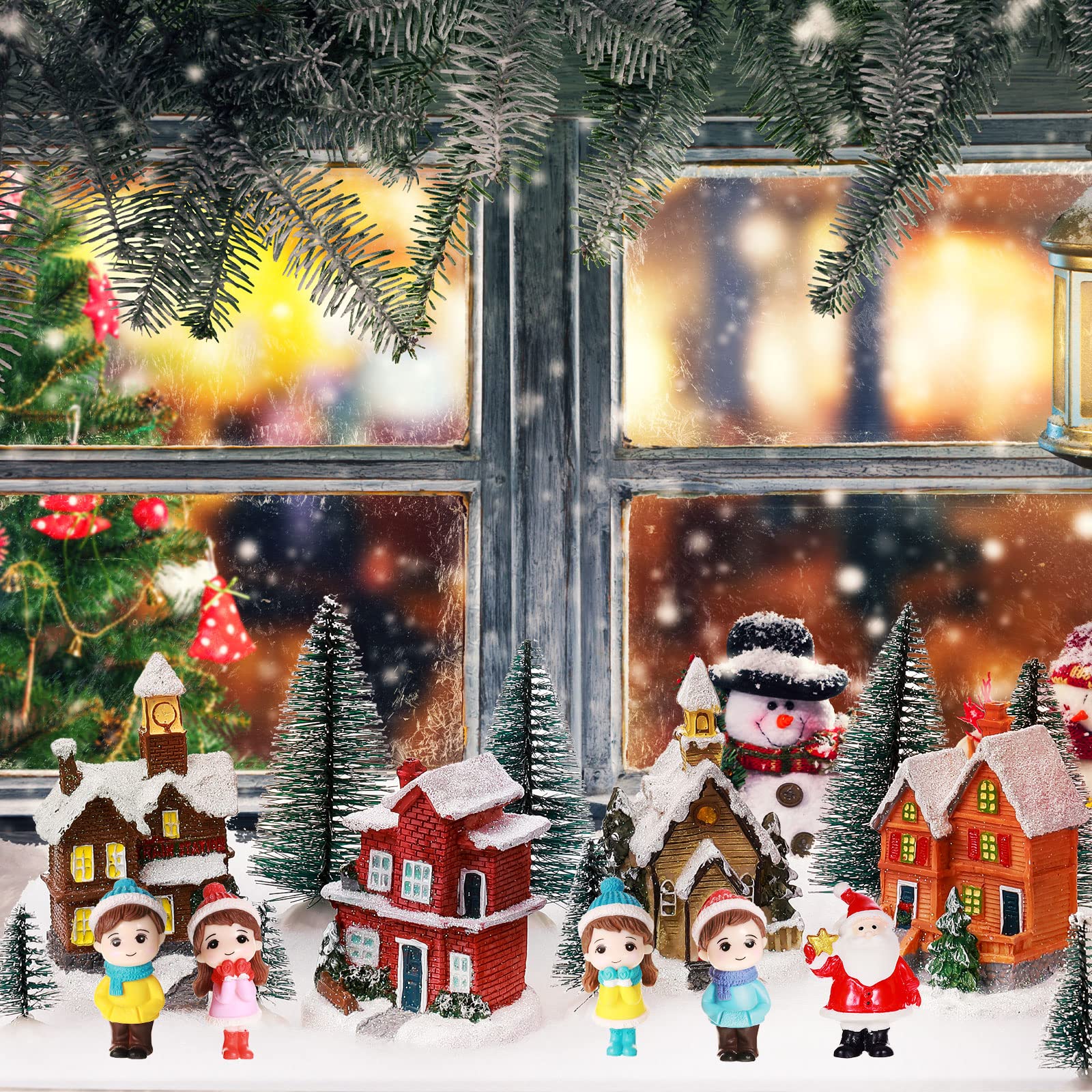 18 Pcs Christmas Village Set Includes 4 LED Lighted Christmas Village Houses 4 Boys Girls Figurines Resin Santa Model 8 Mini Christmas Tree Snow Blanket Roll Winter Xmas Village Collection for Desktop