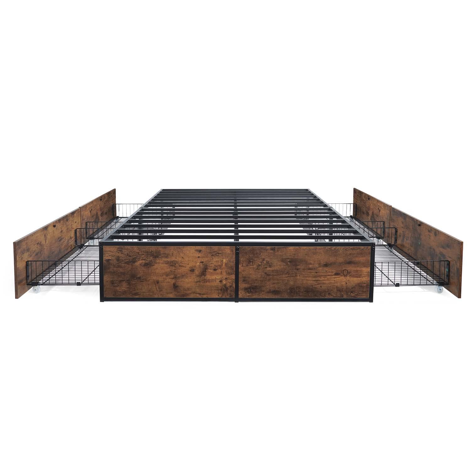 CAPHAUS Industrial Metal Storage Bed Frame with 4 Drawers, Mattress Foundation with Metal Slat Support, Space Saving Platform Bed Frame, Noise-Free, No Box Spring Needed, Queen Size, Rustic Oak Board