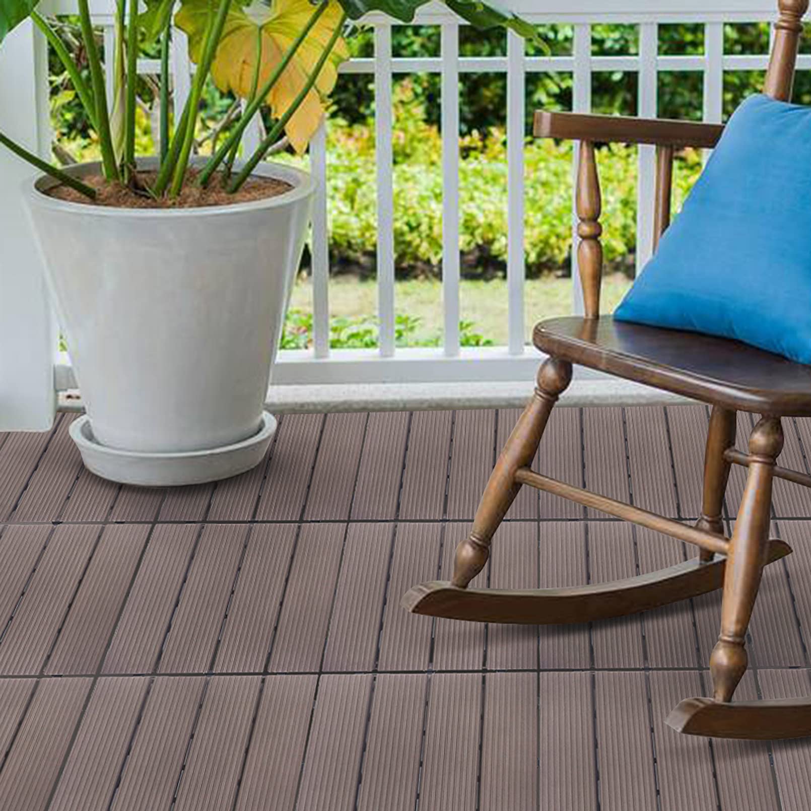 9 Pcs PE Interlocking Patio Deck Tiles, 12 x 12in 4-Slats Straight Pattern Floor Covering for Patio Shower Garden Balcony