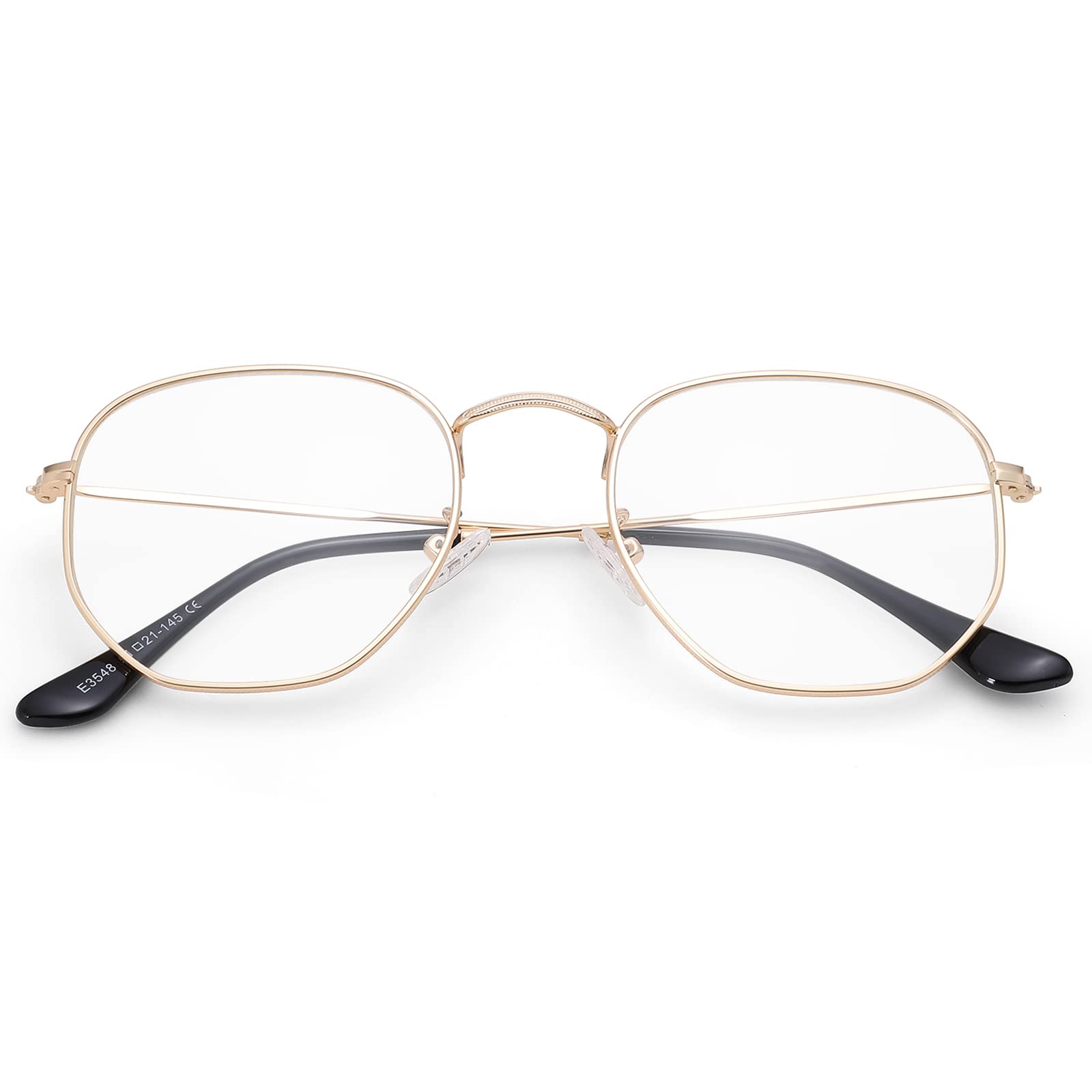 AZorb Hexagonal Clear Lens Glasses for Women Men Non-prescription Eyeglasses Designer Square Round Metal Frame(Gold Frame/Clear Lens)
