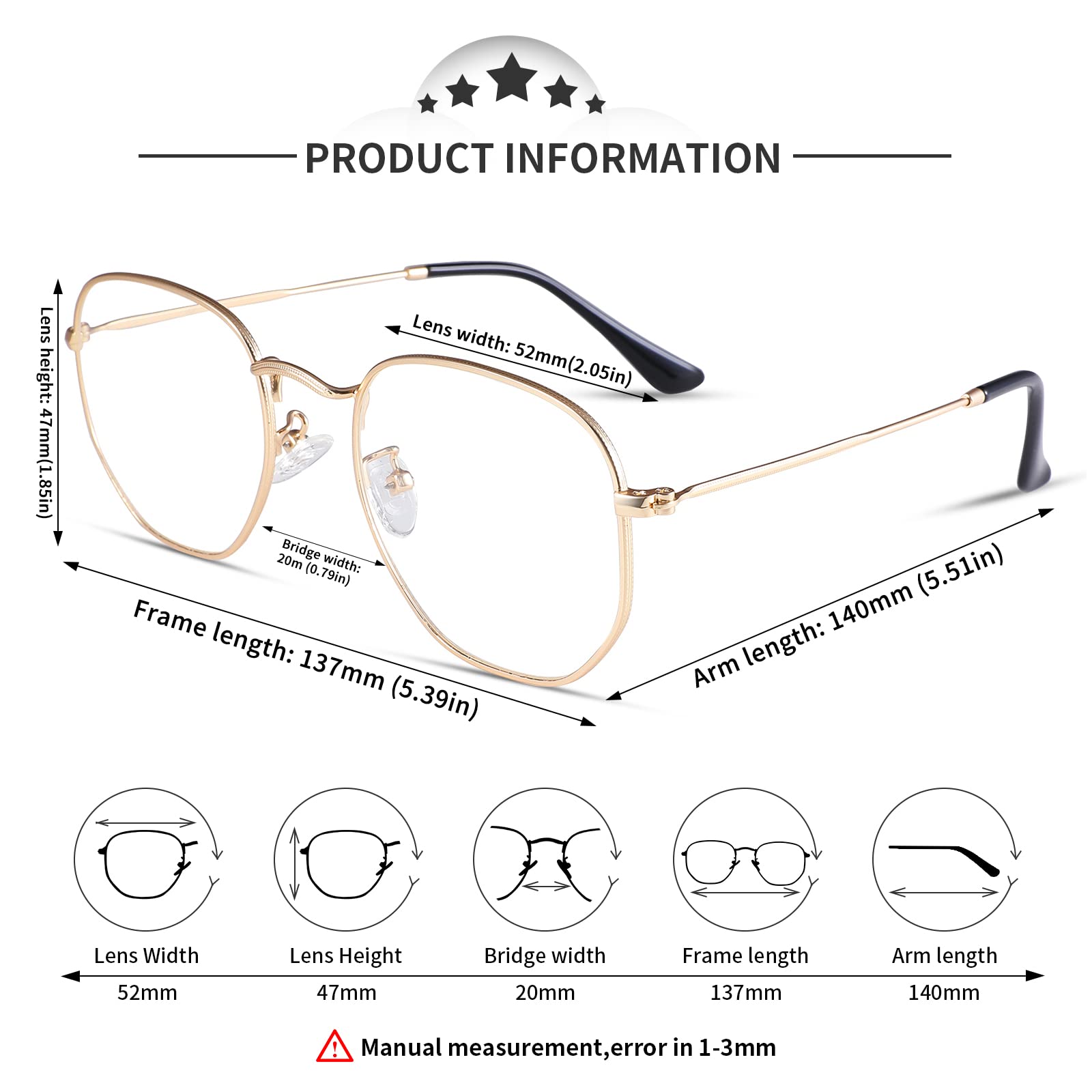 AZorb Hexagonal Clear Lens Glasses for Women Men Non-prescription Eyeglasses Designer Square Round Metal Frame(Gold Frame/Clear Lens)