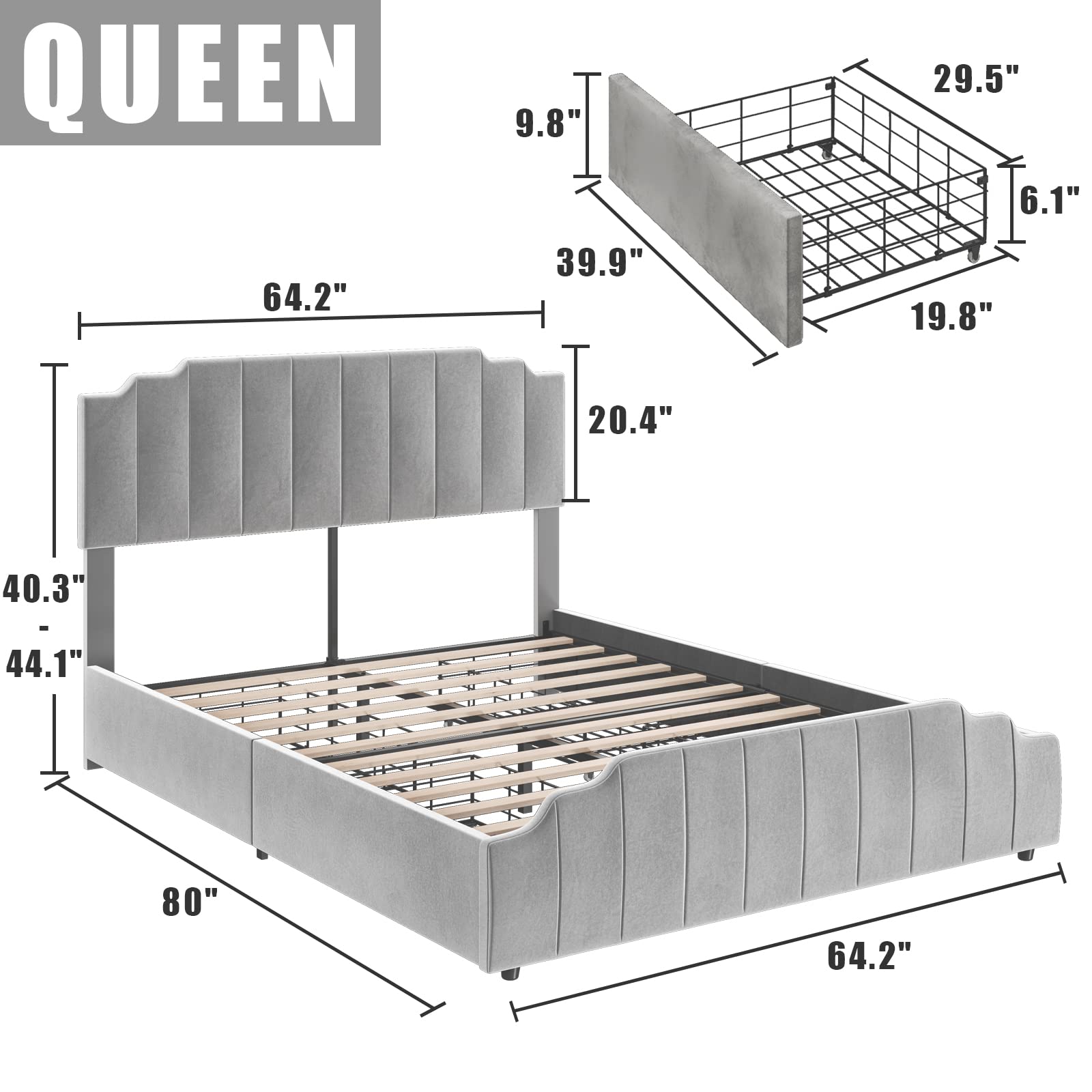 PaPaJet Queen Bed Frame with Storage Upholstered Platform Bed with 4 Drawers and Adjustable Headboard, Wooden Slats Support, No Box Spring Needed, Light Grey