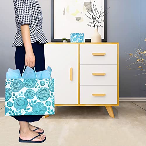 Rose Blue Large Gift Bag with Gift Card, Blue Tissue Paper, Envelope, and Sticker, for Parties, Birthdays, Mother's Day, Weddings, Retirements, Anniversaries, Any Occasion-Hot Stamping Blue Design