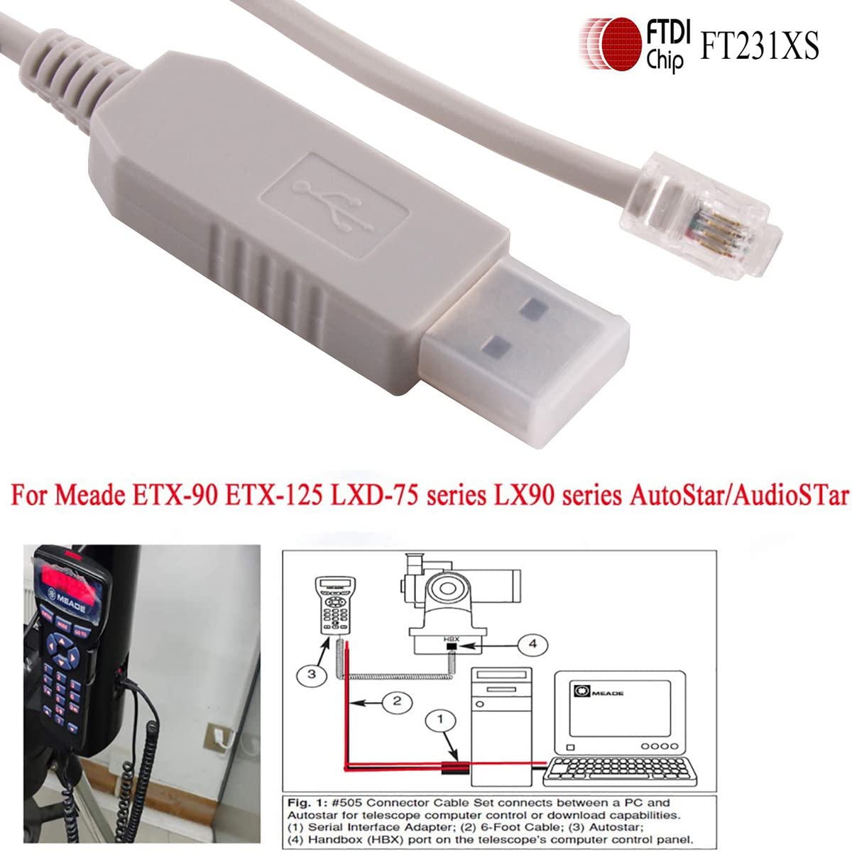usangreen USB to RJ9 Autostar Audiostar RS232 Interface Handbox Firmware Upgrade Cable for Meade #505 ETX127 ETX125 ETX-90 LXD75 LX80 LX90 LX65 Telscopes (Length:10FT)