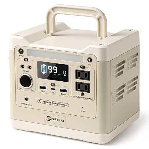 RAINBOW Portable Power Station 320W, 298Wh Backup LiFePO4 Battery, 2 x 110V/320W(Peak 640W) AC Outlets, Solar Generator for Outdoor Camping, Quick Charge for Home, Hiking